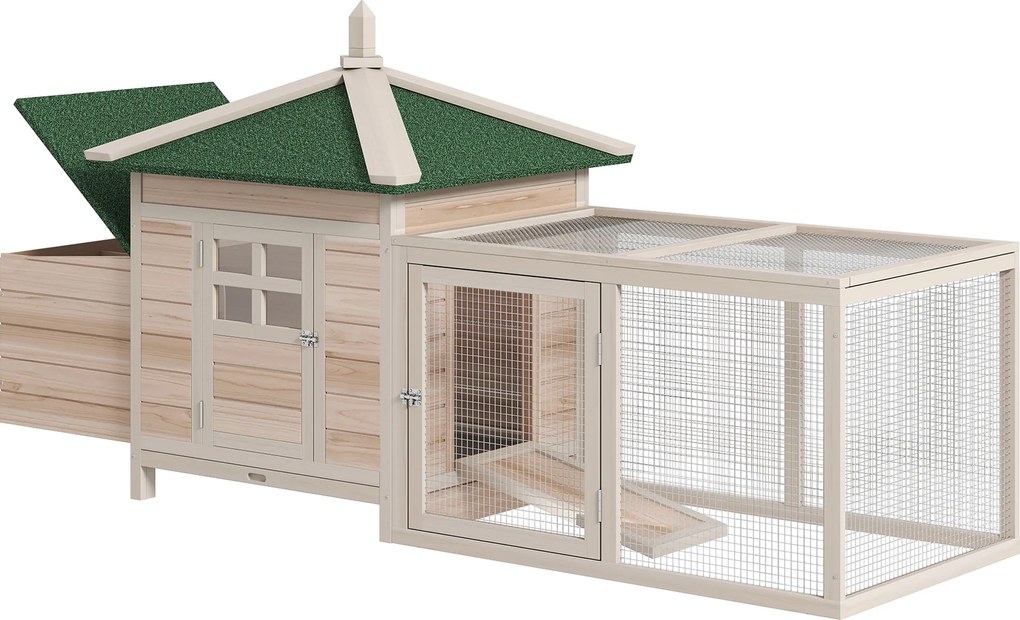 PawHut bantamový kurník s výběhem a hřady, zimní kurník z borovicového dřeva, hnízdní box pro křepelky, 196 x 76 x 97 cm | Aosom.de