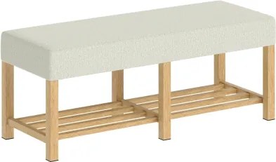 HOMCOM stolička na boty, úložná lavice s polstrovaným sedákem, otevřený regál, hevea dřevo, 120x44x48 cm, přírodní dřevo