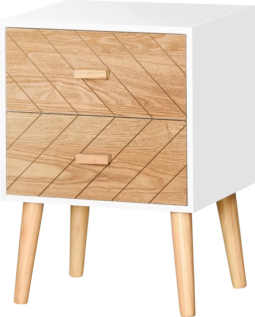 HOMCOM Noční stolek s 2 zásuvkami a zvýšenými nohami do ložnice 40x30x55,5 cm Bílý a přírodní