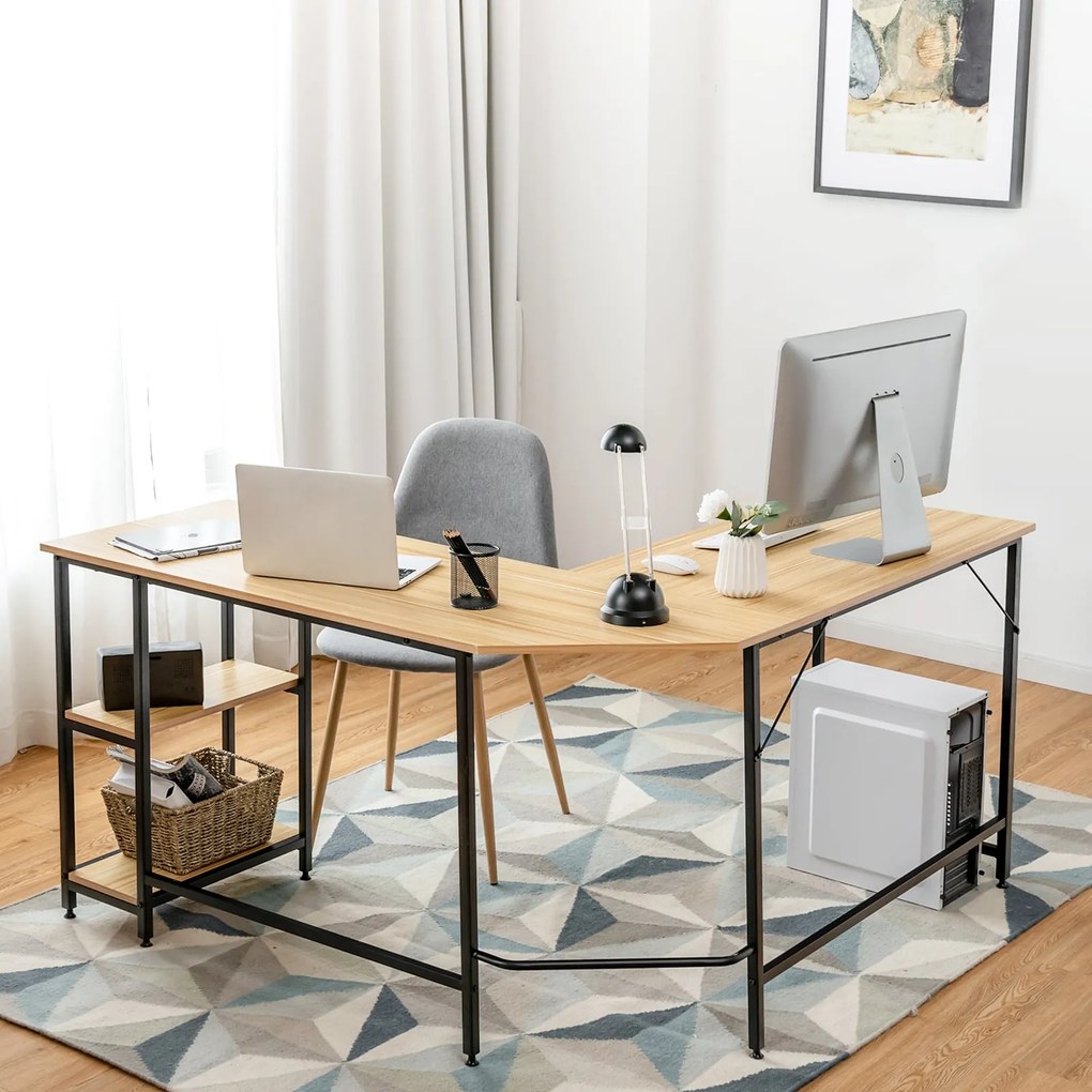 Costway Psací stůl ve tvaru L domácí se 2 policemi – 138 × 60 × 75 cm, přírodní