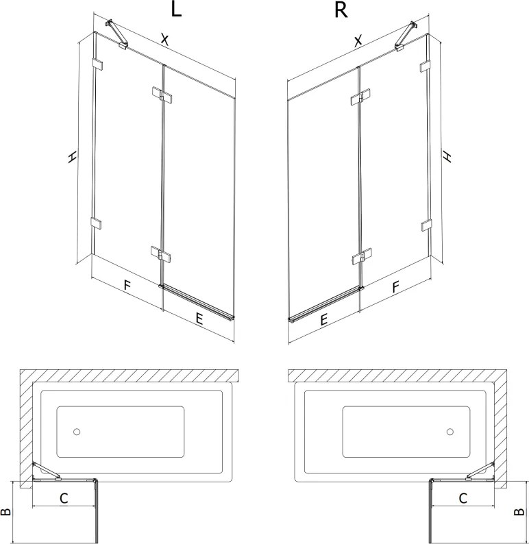Mexen Lunar, 2-křídlová vanová zástěna levá 100 x 150 cm, čiré sklo, grafitová, 897-100-100-66-00-L