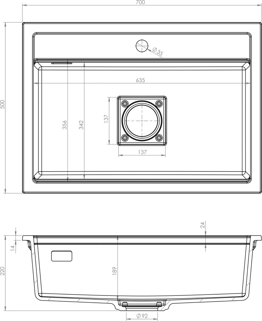 Gamma Quadro 7050, 1-komorový granitový dřez 700x500x220 mm, šedá, GMA-ZLE000240
