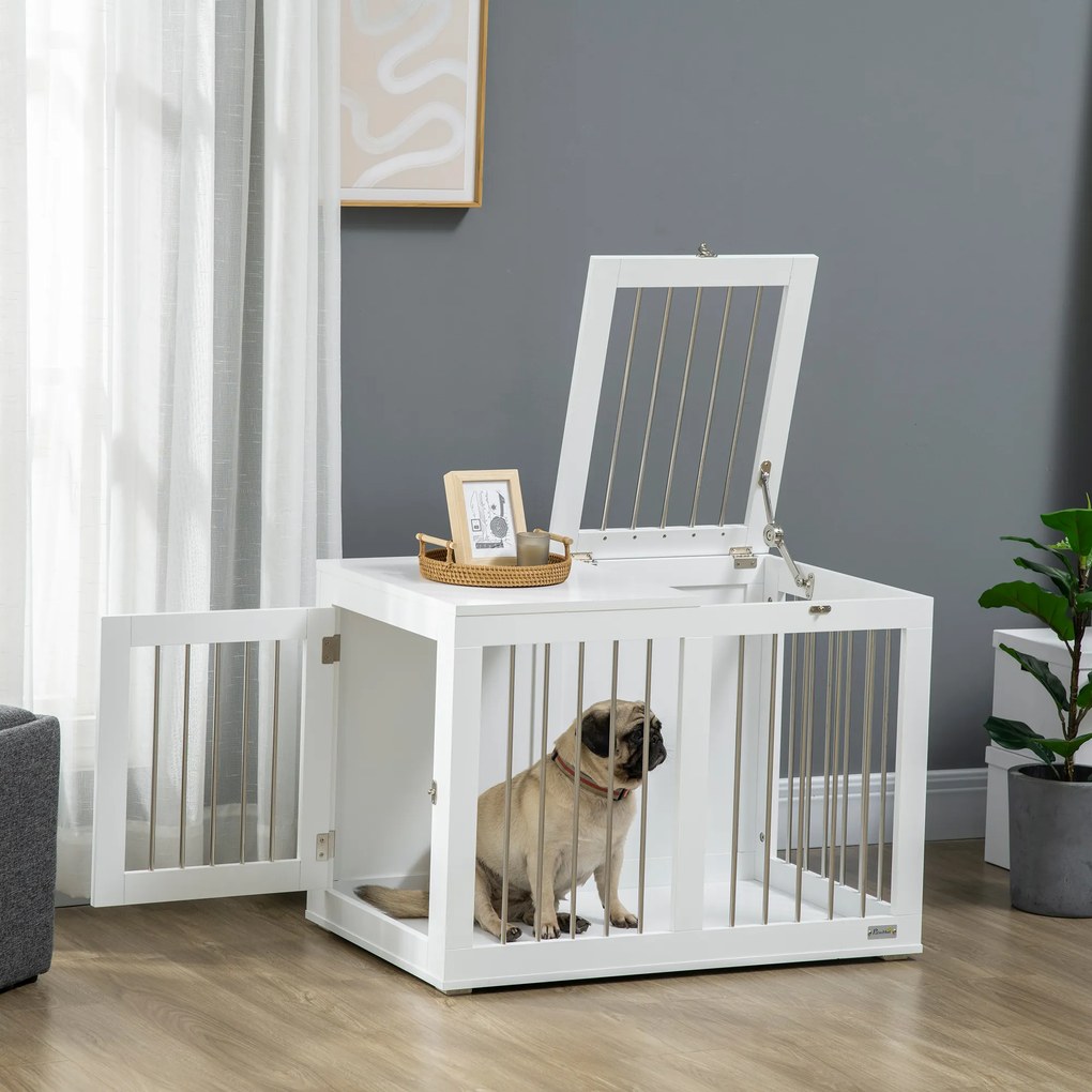 PawHut klec pro psy Klec pro střední psy 80 x 50 x 56,5 cm s dvířky a transportní funkcí v bílé barvě