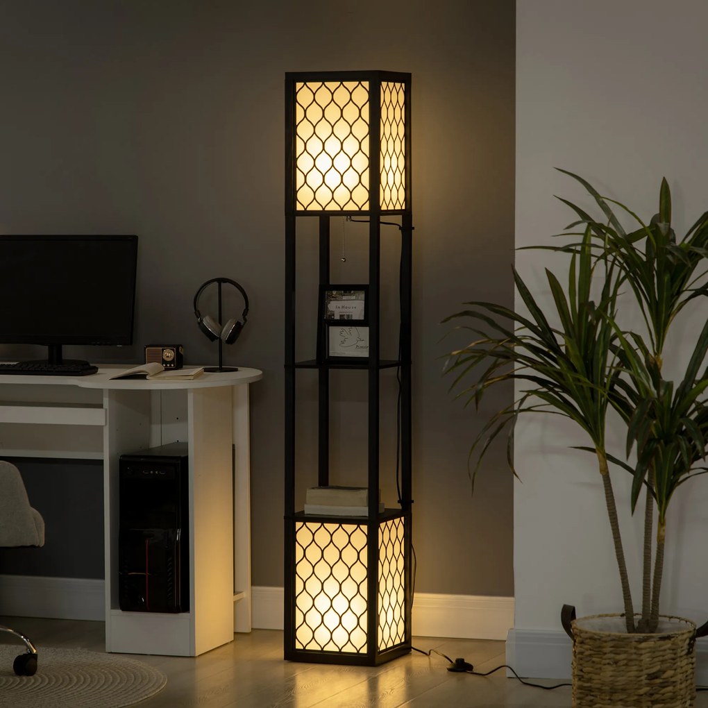 HOMCOM Stojací lampa s policí a dvojitým světlem, 40W, E27, řetízkový vypínač, do obývacího pokoje, ložnice