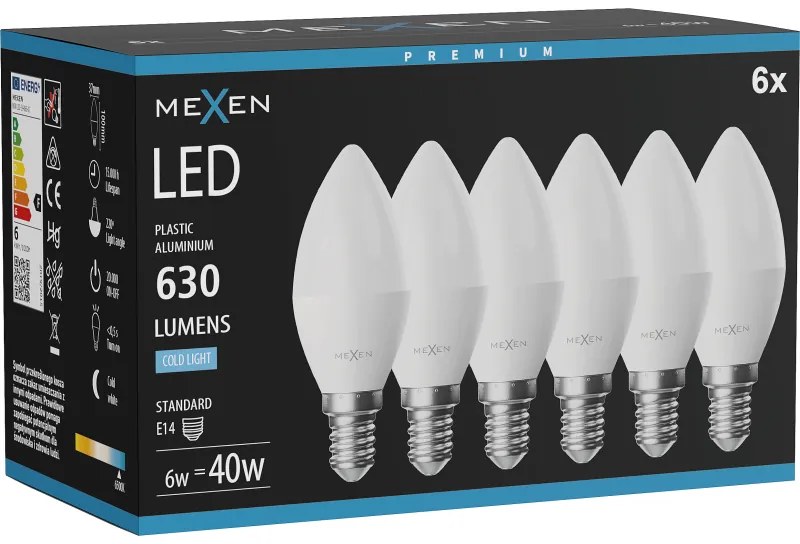 Mexen Nova 6x LED žárovka E14, C37, 6W, Studená - 6500K, 630 lm - L102-E14-0665-01x06