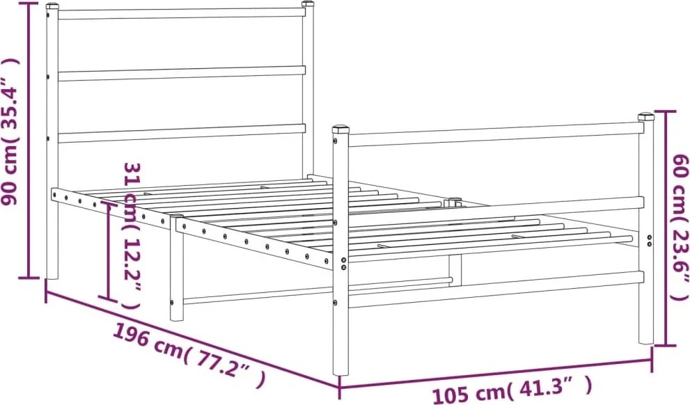 vidaXL Kovový rám postele s hlavovým a nožním čelem 100 x 190 cm [355426] Barva: Černá