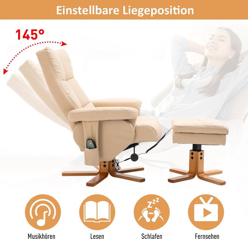 HOMCOM polohovací masážní křeslo s podnožkou úložný prostor polohovací funkce TV křeslo s masážní funkcí TV křeslo 145° náklon polyester krémová bílá…