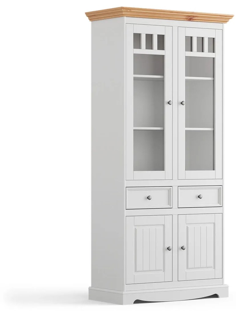 Dvoudveřová vitrína sklo, borovice, barva bílá - přírodní borovice, kolekce Belluno Elegante