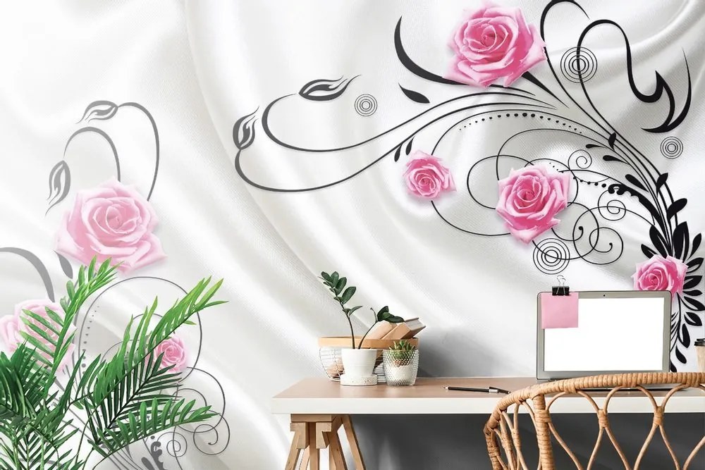 Tapeta růžové květy na abstraktním pozadí - 225x150 cm