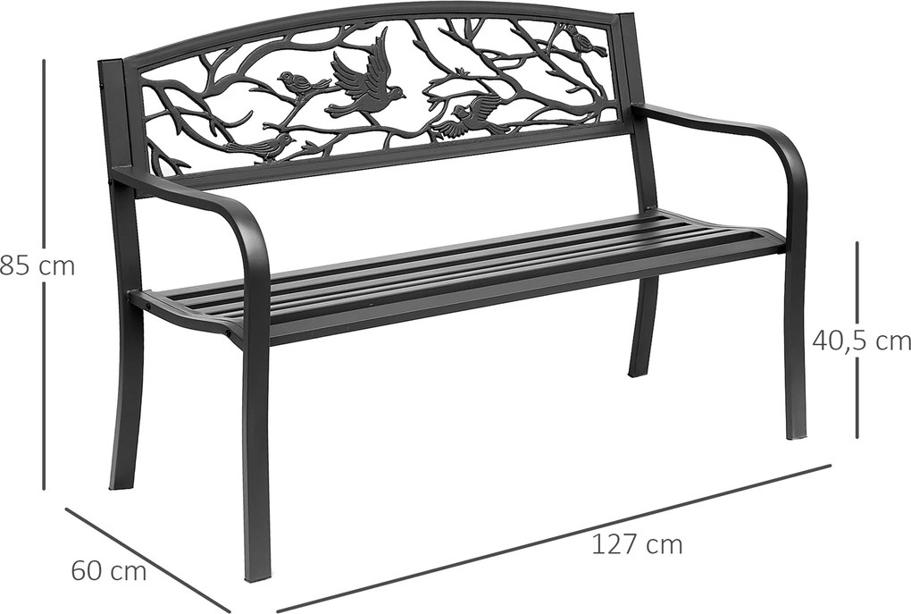 Zahradní lavička Outsunny, 3-místná lavička, terasa, rustikálně elegantní, 127D x 60Š x 85V cm, kov, epoxid, odolný proti korozi, černá