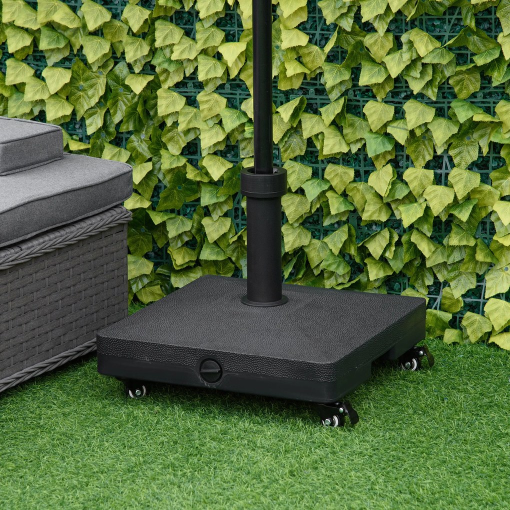 Stojan na slunečník Outsunny s válečkem, naplnitelný až do 20 kg, pro tyče slunečníku 38/48 mm, ideální pro zahradu terasu balkon, černý 45x45 cm |
