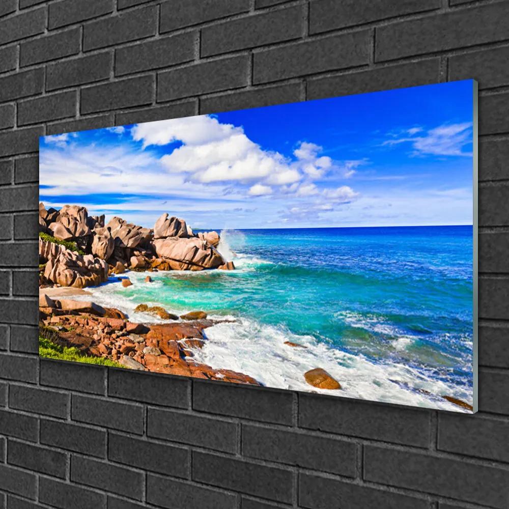 Obraz na skle Pláž Skály Moře Krajina 140x70 cm