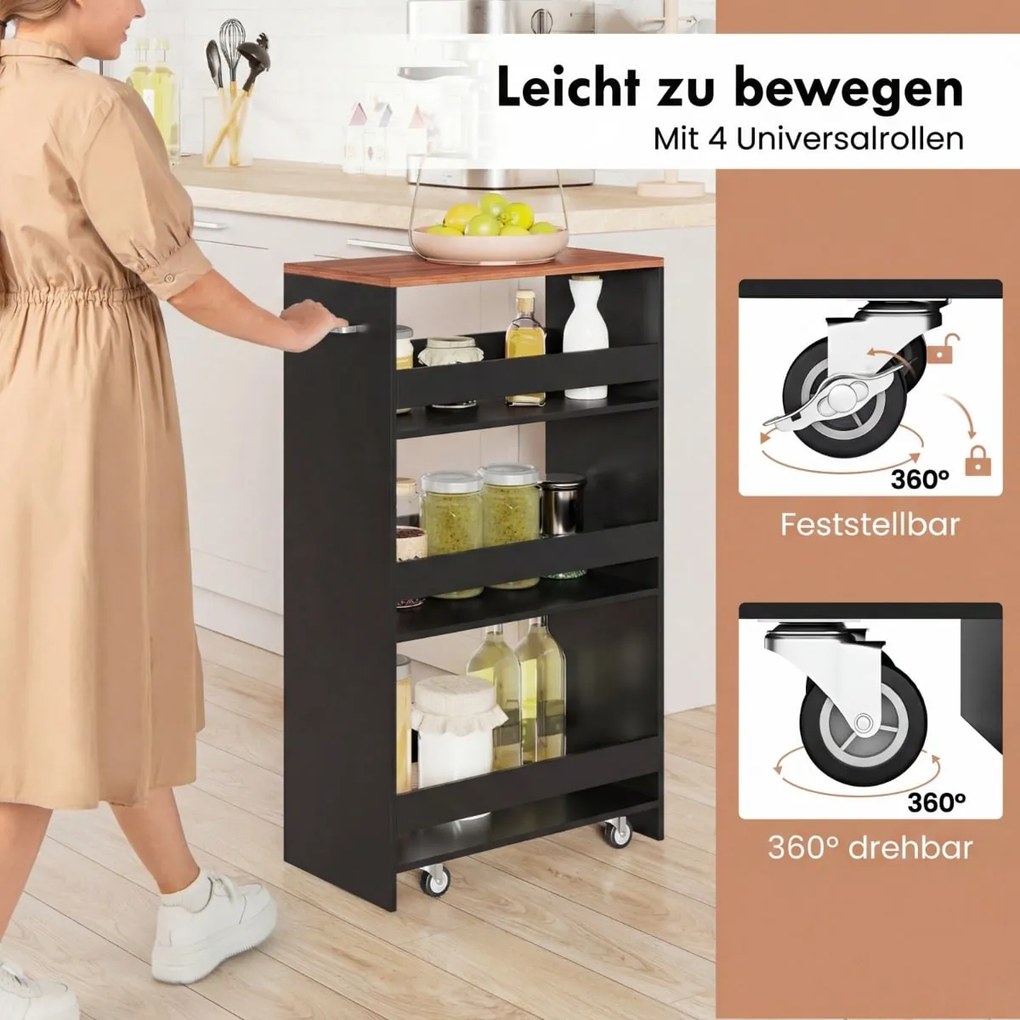 Costway 25 cm Tenký kuchyňský vozík 4 Pojízdný úložný vozík na patro Černá +