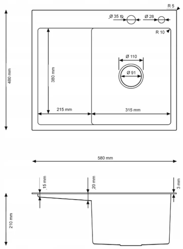 Velazo Dřez 1 komorový s odkapávačem, nerez - PRAVÝ, 58x48 cm, grafit