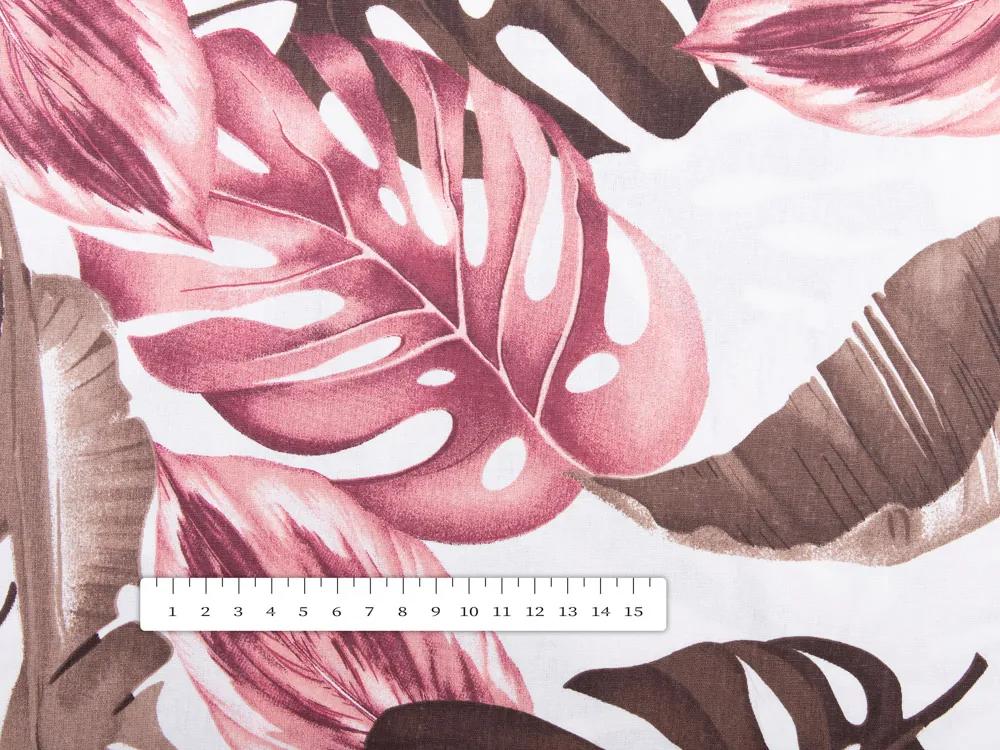 Biante Bavlněný čtvercový ubrus Sandra SA-227 Hnědé a starorůžové tropické listy na bílém 110x110 cm