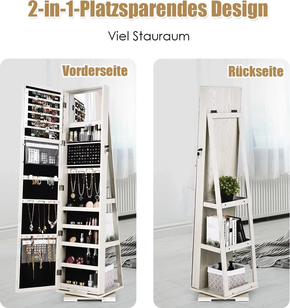 Costway Um 360° otočná šperkovnice 2 v 1 Skříňka na šperky – 39 × 39 × 161 cm