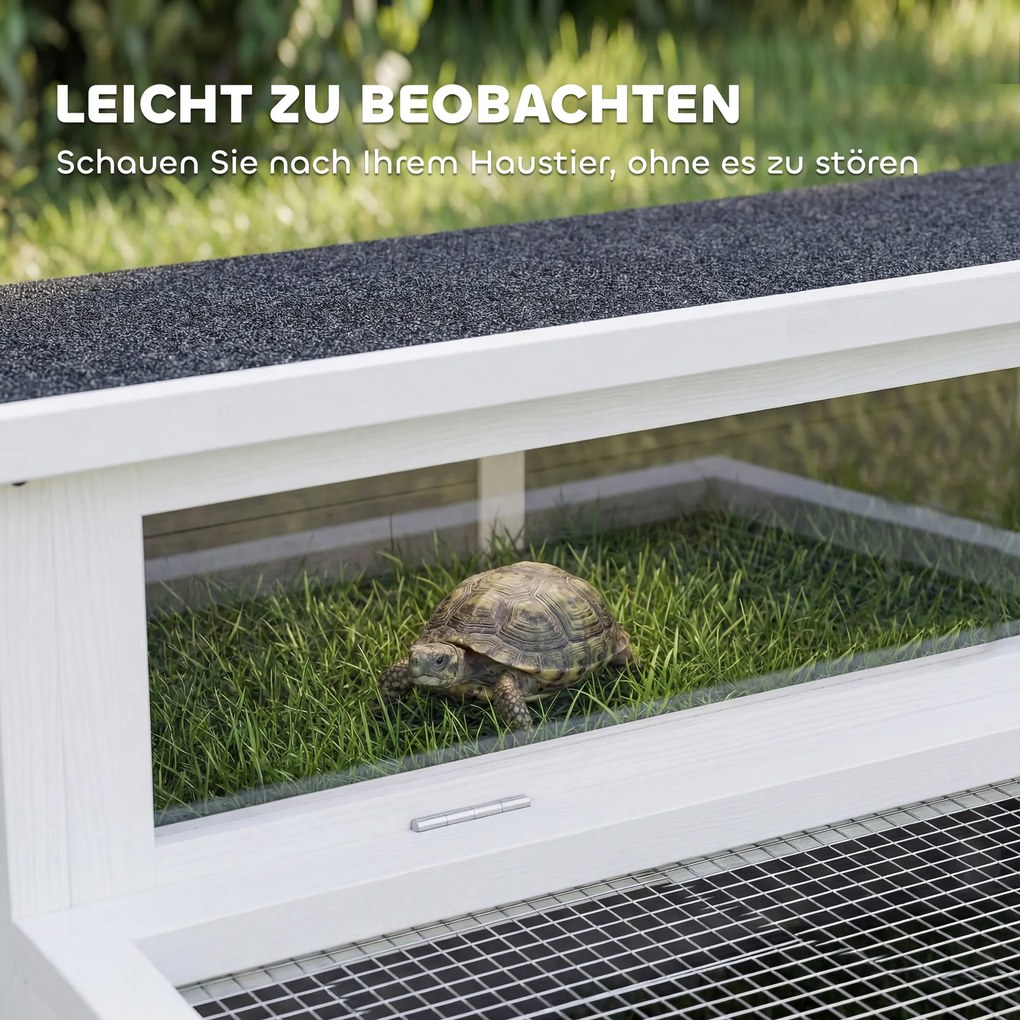 PawHut Dřevěný želví domek s volným výběhem hlavní domek s oknem na pantech 2 dveře 113x106,5x44,5 cm Tmavě šedý