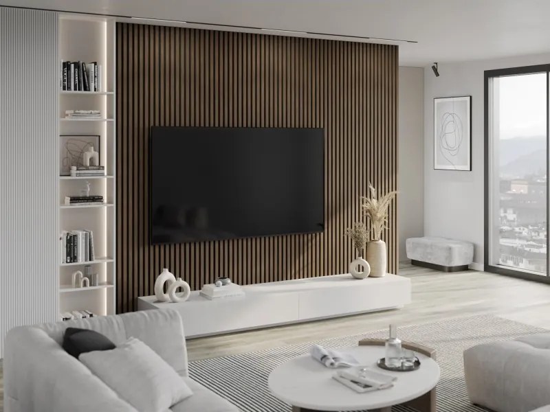 Mexen Lam-F, akustické stěnové lamely 275 × 30 cm, plstěný podklad 8 mm, technická dýha, ořech kakaový, S105-275307-3015-018