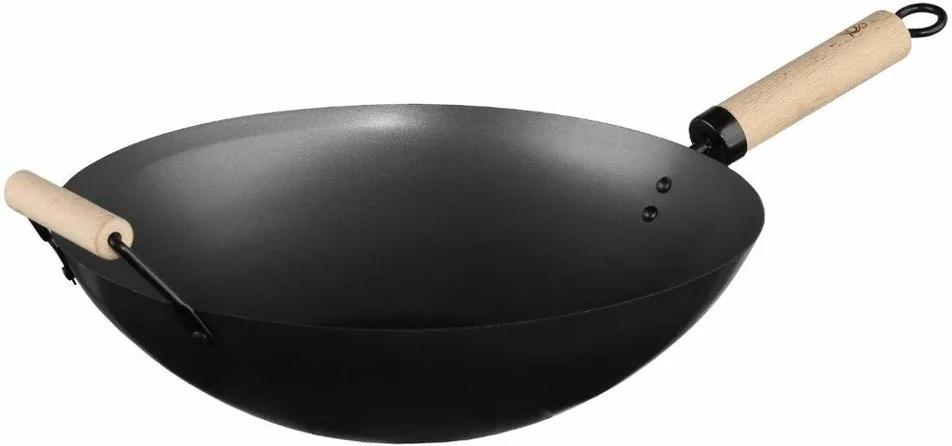 Ocelová wok s dřevěnou rukojetí, pevná a praktická hluboká pánev pro  orientální pokrmy (3560238522455) | BIANO