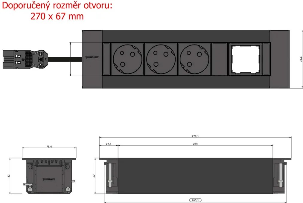 IBConnect Vestavná zásuvka INTRO černá - různé konfigurace Konfigurace elektrozásuvky: 3x230V + USB nab. A+C + 3xModul