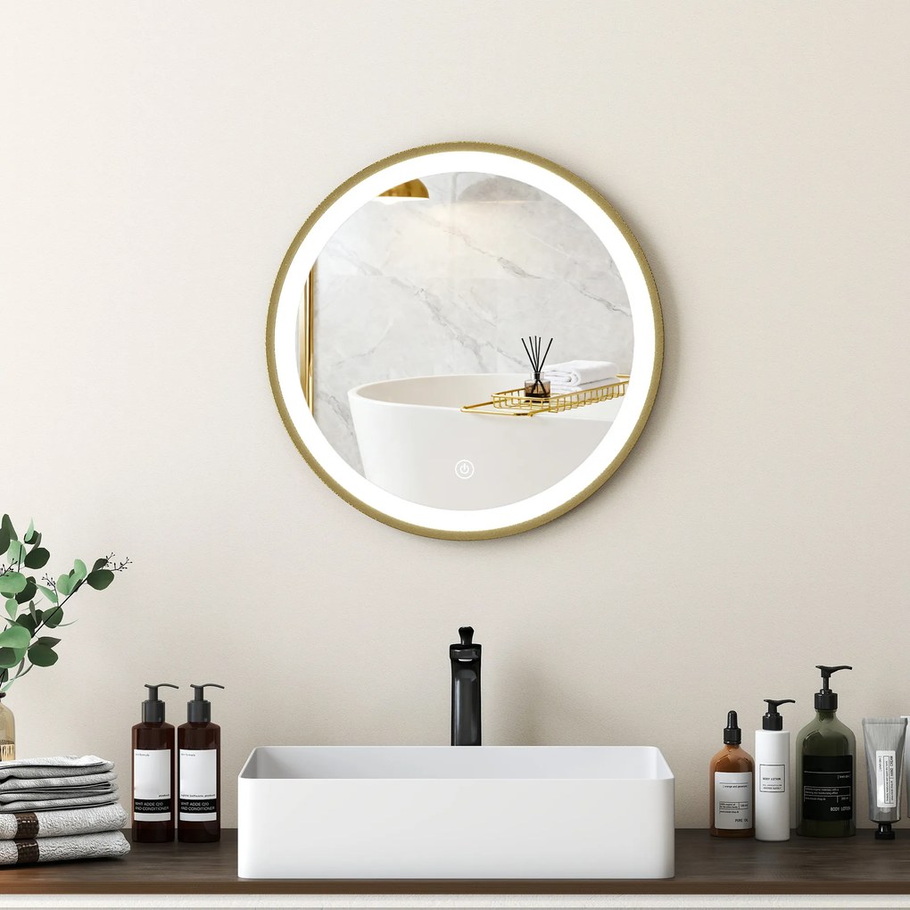 HOMCOM LED koupelnové kulaté zrcadlo 40 cm, nástěnné osvětlené zrcadlo se 3 barevnými teplotami, stmívatelné, zlaté