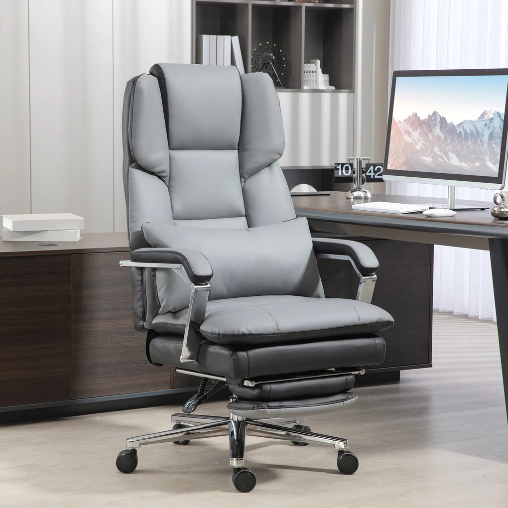 Kancelářská židle HOMCOM s houpací funkcí, nosnost 180 kg, ergonomická, 160° sklopný opěrák, koženka, 63Š x 71D x 123-129V cm, světle šedá