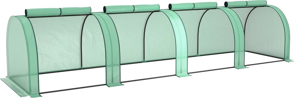 Mini skleník Outsunny - mini tunelový skleník pro pěstování rajčat 4 x 1 x 0,8 m, ocel, vysokohustotní PE 140 g/m², proti UV, 4 dveře s rolovacím zipe