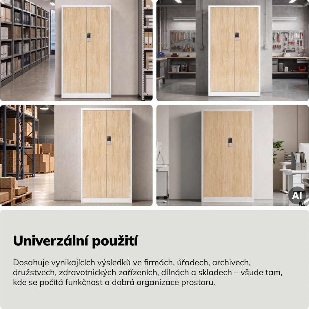Kovová kancelářská skříň se zámkem na kód bílá, dub sonoma, 900x1850x400 mm: DANIEL Eco Design
