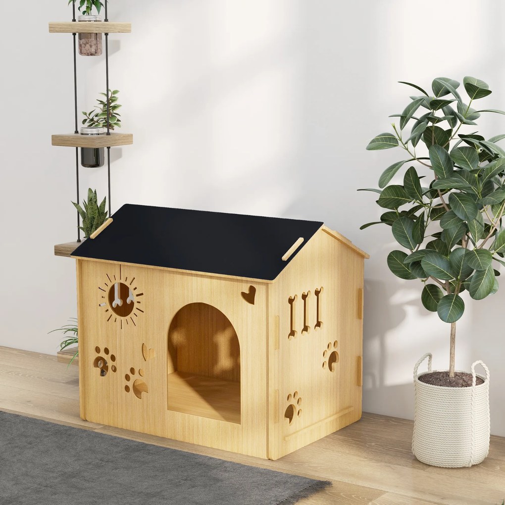 PawHut dřevěná bouda pro psy malý domek pro zvířata s větracími otvory 69 x 50 x 58,5 cm, psí bouda se střechou, vnitřní MDF dub černý