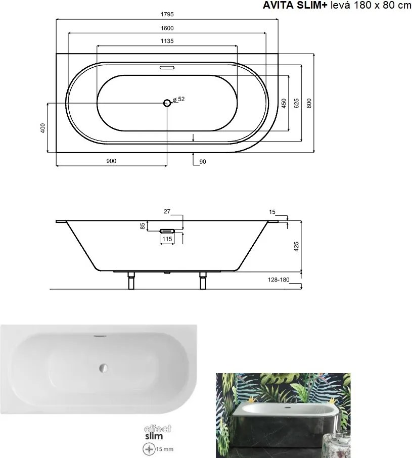 Besco AVITA SLIM+ 180 x 80 cm VANAVIT18SLILP+OLVPINOZSTELWD vana včetně nožiček levá Koupelny Bernold