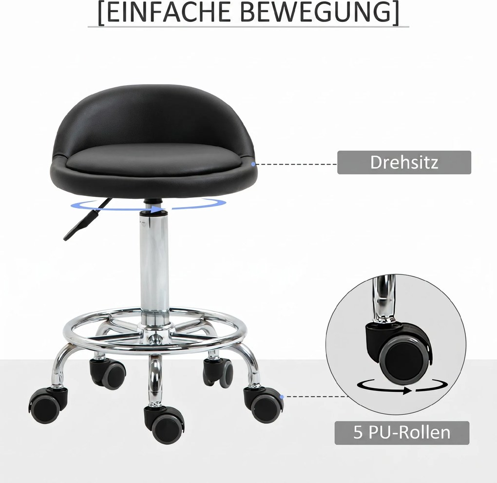 HOMCOM Set 2 otočných stoliček - pracovní stolička 360° - nastavitelná výška sedáku 47-62H cm, ergonomické opěradlo - chromovaná ocel s černým syntet…