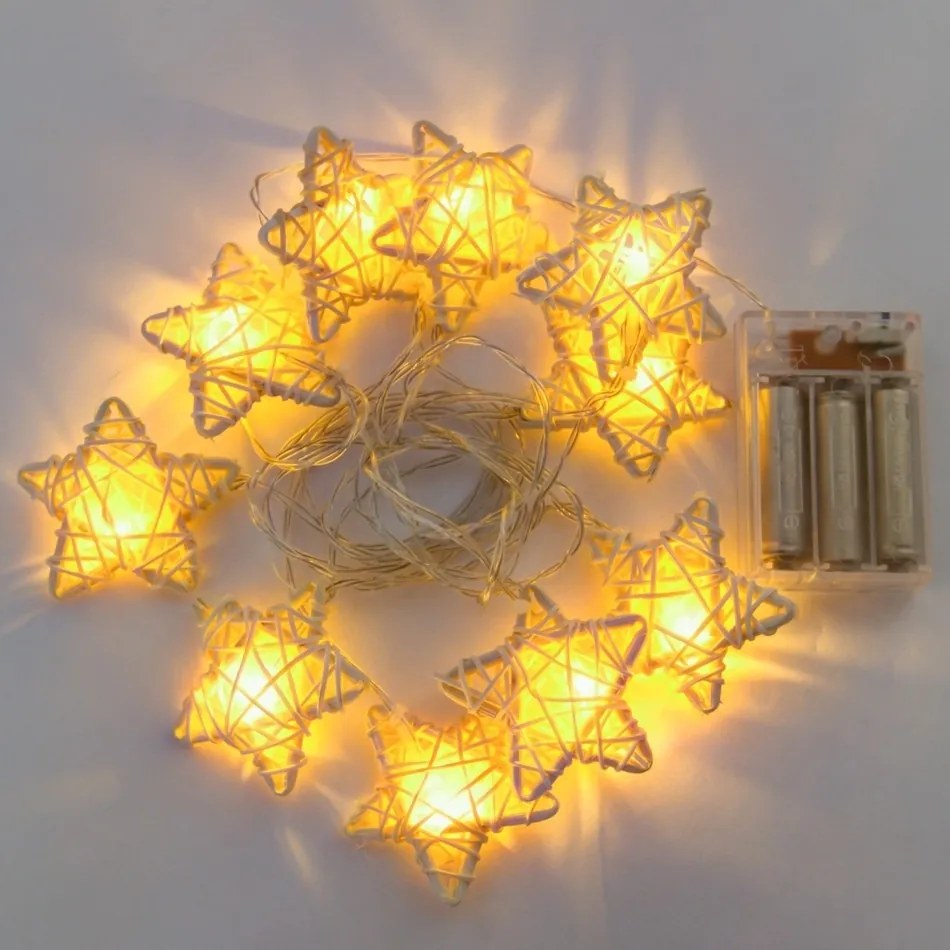 LED světýlka na baterie, ratanové hvězdy, 2,8 m, teple bílá, 10 diod, čirý kabel, IP20 interiér, 3 × AA