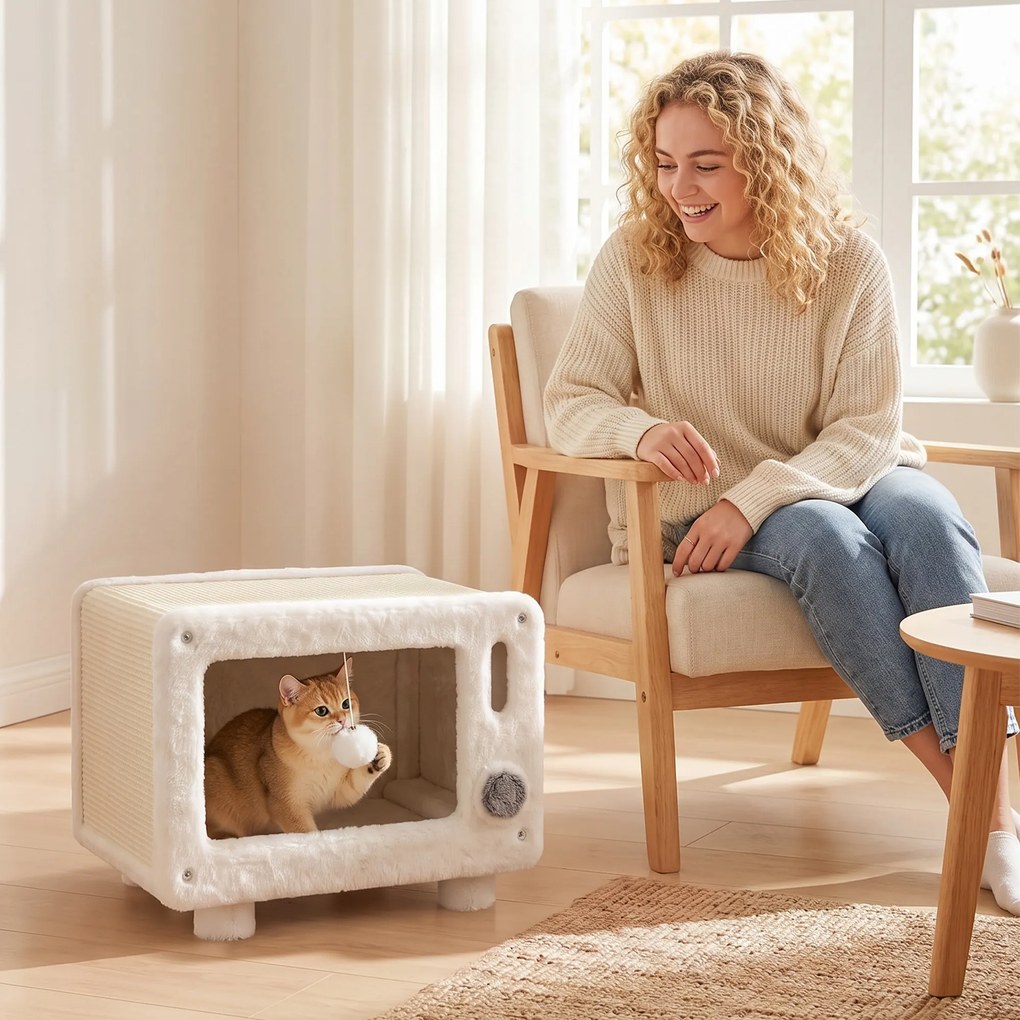 PawHut Kočičí dům ve stylu TV, kočičí jeskyně s houpací sítí a hracím míčkem, škrábací rohož z lnu, pro kočky do 7 kg, 50 x 33 x 42 cm