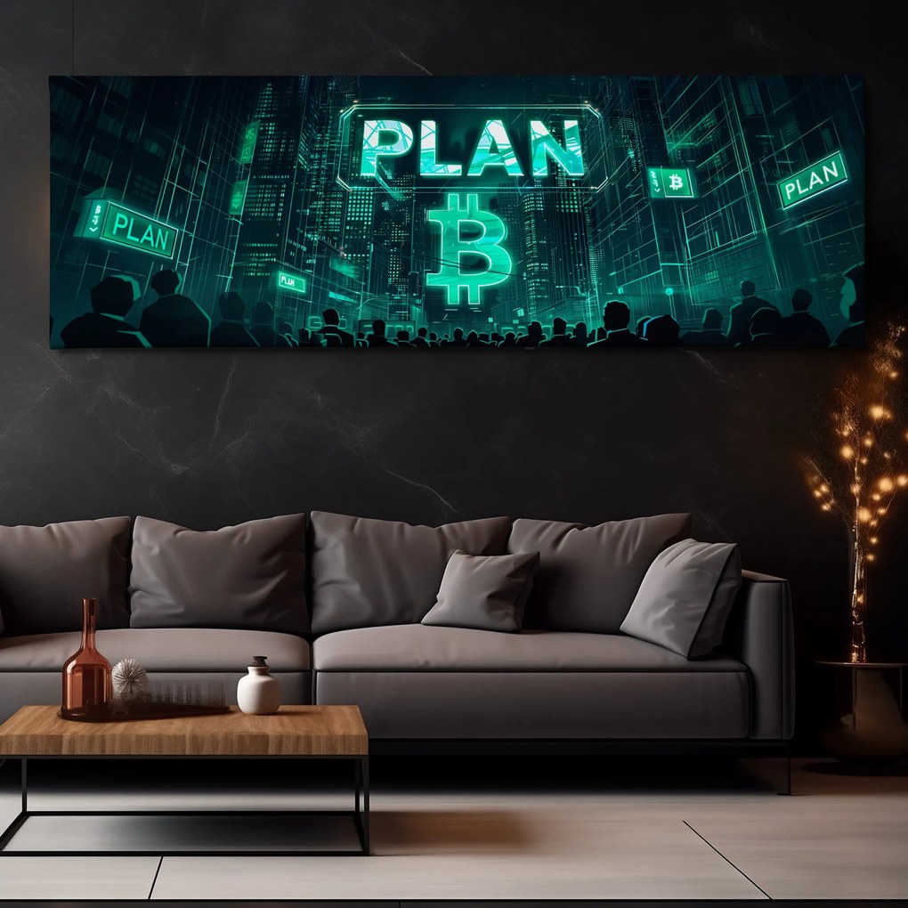 Obraz na plátně - Bitcoin Plan B city FeelHappy.cz Velikost obrazu: 120 x 40 cm