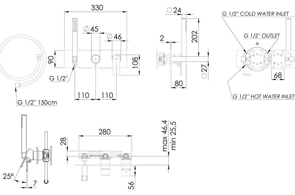 Sapho Sapho, PAX podom. sprch. baterie, ruční sprcha, 2 výstupy, černá matná, XA52/15