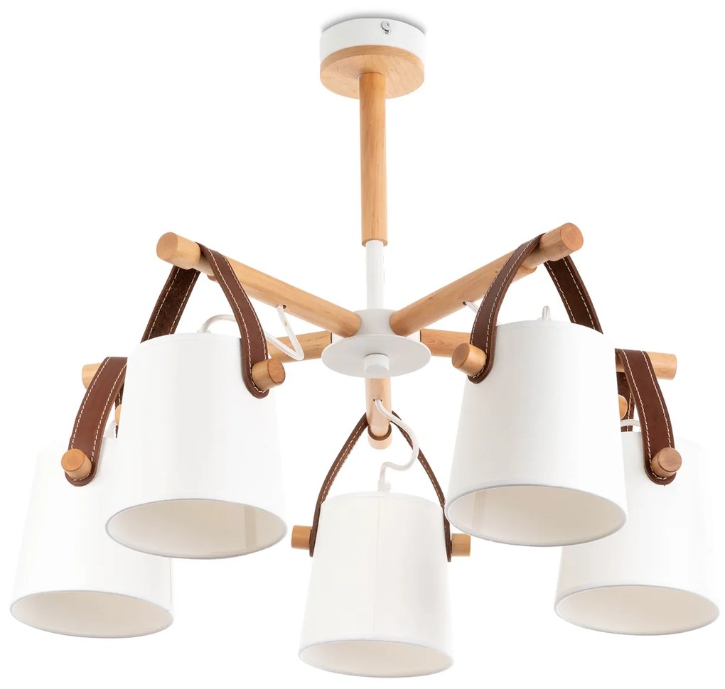 Light for home - Lustr na tyči s dřevěnými prvky a koženými řemínky  60405 "RIONI", 5x40W, E27, bílá, přírodní olše, hnědá kůže