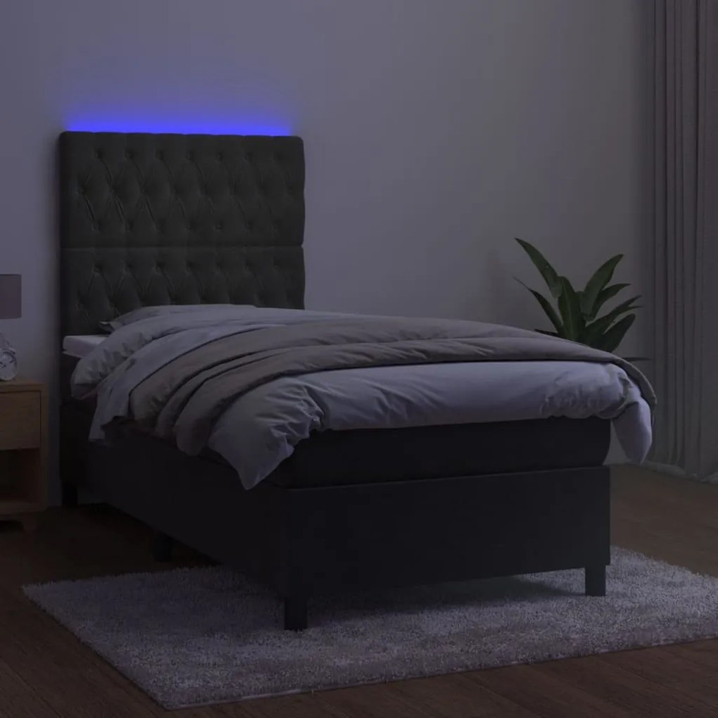Box spring postel s matrací a LED tmavě šedá 90x200 cm samet 3136282