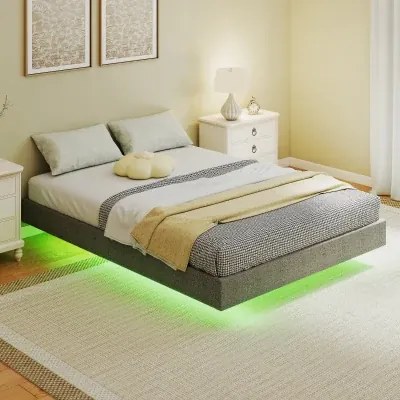 HOMCOM rám postele 140 x 190 cm s LED světly, čalouněný lněný potah, dřevěný lamelový rošt, snadná montáž, šedá