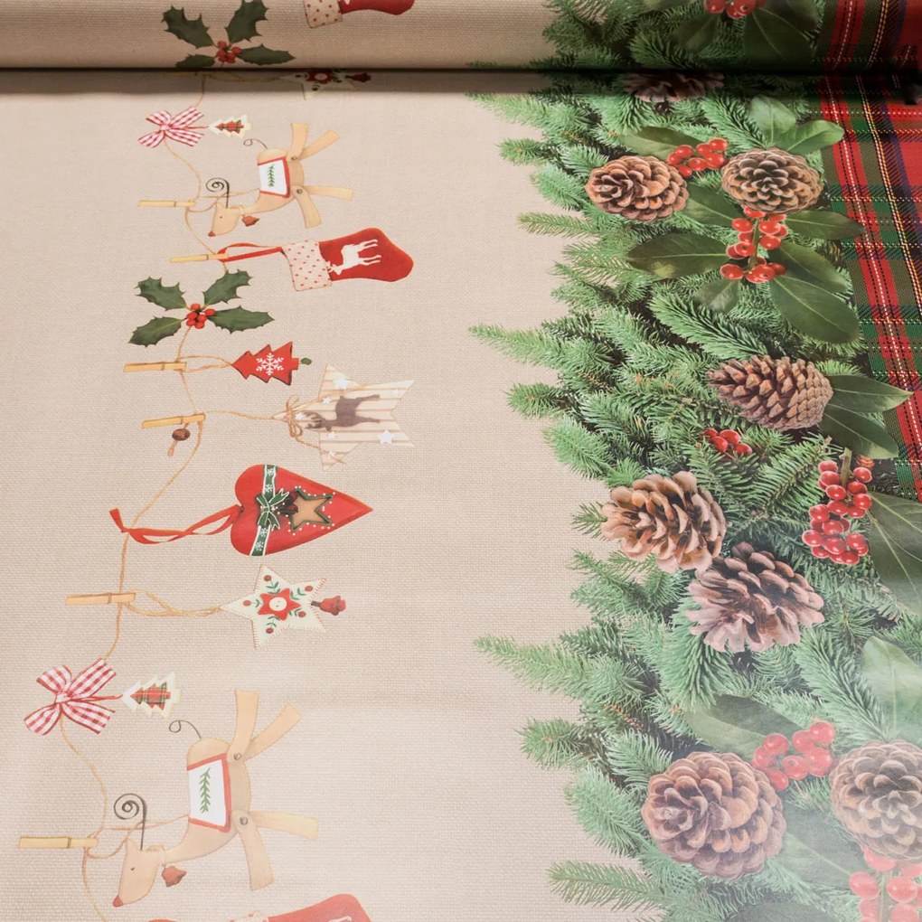 Sareha ubrus PVC s textilním podkladem vánoční 19A vánoční ozdoby na šňůrce, béžovo-zelená, š.140cm (metráž)
