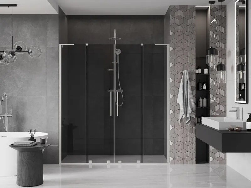 Mexen Velar L Duo, posuvné sprchové dveře do otvoru 200 cm, 8mm šedé sklo, broušená ocel, 871-200-003-42-97