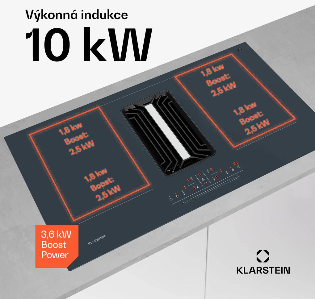 Klarstein Přímo uprostřed: Luxusní indukční varná deska s DownAir digestoří s průtokem odsávání vzduchu až 745 m³/h