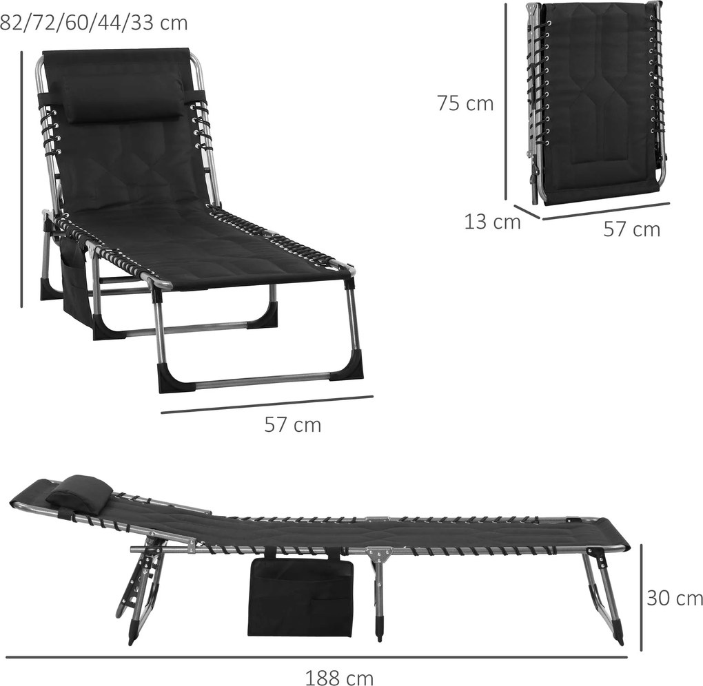 Outsunny Sluneční Lehátko, Skládací Zahradní Lehátko s Polštářem na Hlava, Boční Kapsou, Recliner s 5-Úrovňovým Nastavitelným Opěradlem, Voděodolné K…