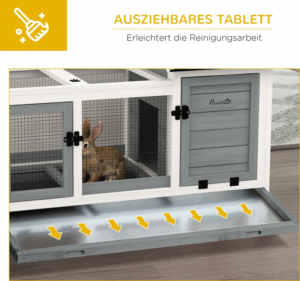 Dřevěná klec pro trpasličí králíky PawHut, 108 x 58 x 73,5 cm, malá zvířecí klec s venkovním výběhem, kolečky, skládací střechou, trpasličí králičí k…