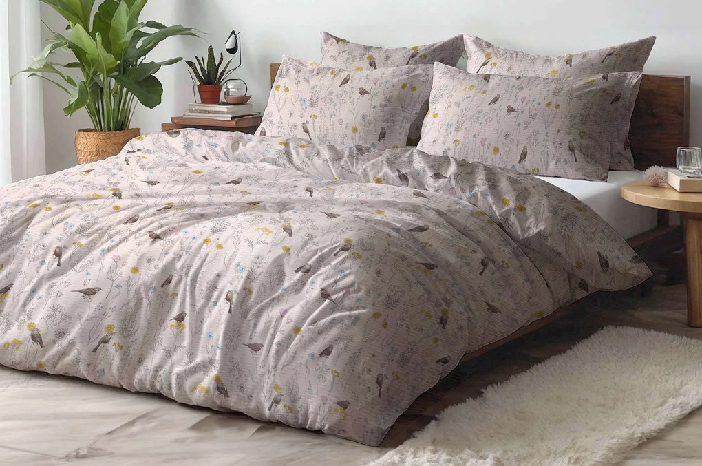 Krepové prodloužené povlečení Ptáčci v kvítí - smetanové Velikost: 140 x 220 + 70 x 90
