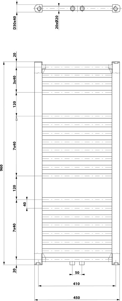 Aqualine Sapho, DIRECT otopné těleso se středovým připojením 450x960 mm, 447 W, bílá