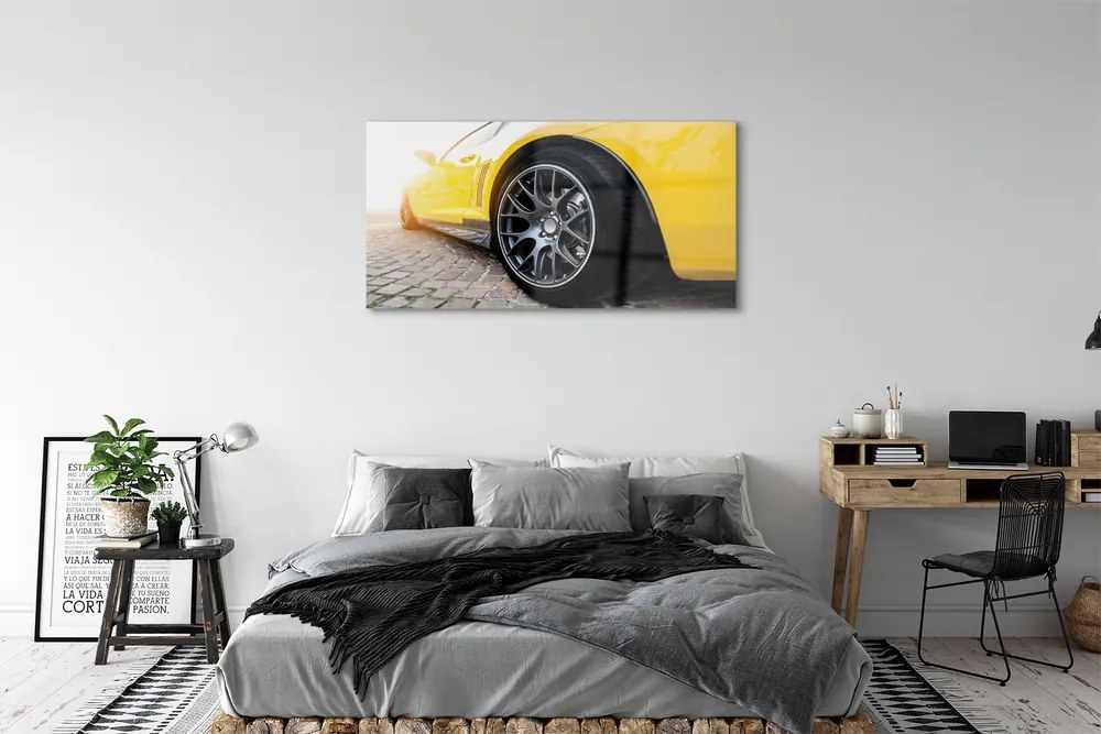 akrylový obraz žluté auto 125x50 cm