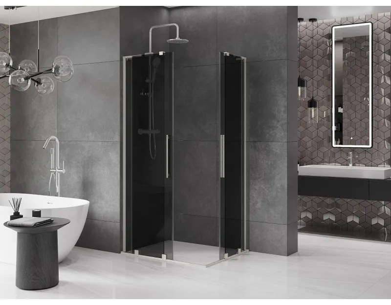 Mexen Velar L Duo, sprchový kout s posuvnými dveřmi 90 x 80 cm, 8mm šedé sklo, broušená ocel, 871-090-080-02-43-97