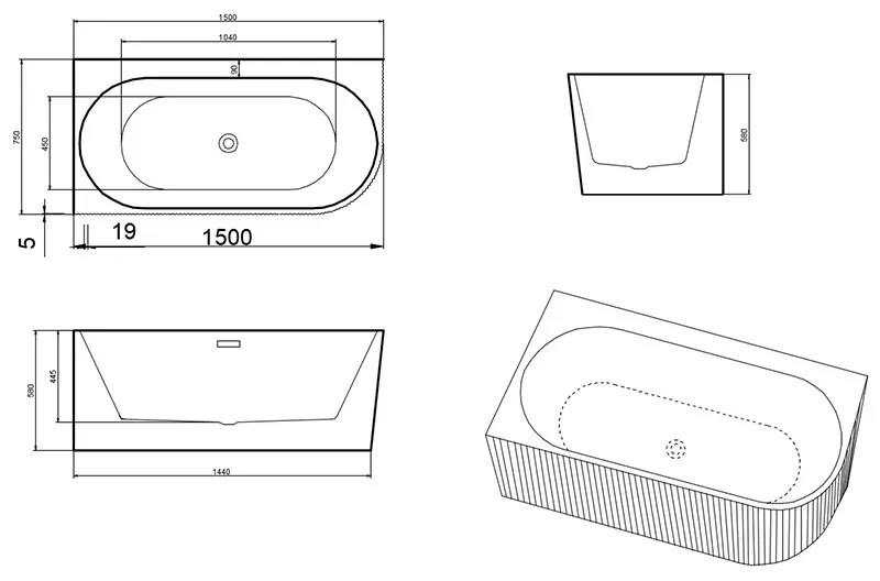 BPS-koupelny Volně stojící rohová akrylátová vana HYD-RIO504B levá 150x75 bílá, odtokový komplet zlatý kartáčovaný