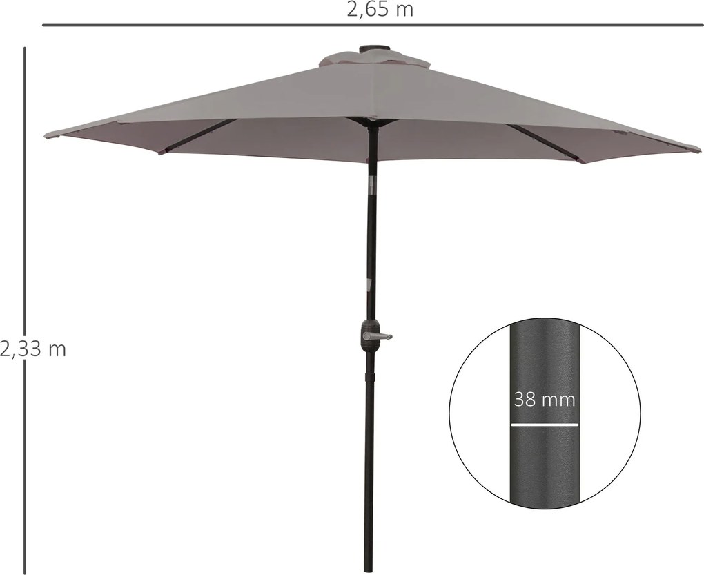 Outsunny Zahradní Slunečník Ø265 cm s 32 Solárními LED Světly, Ocelový Sloupek a Kloubový Mechanismus pro Šedou Terasu