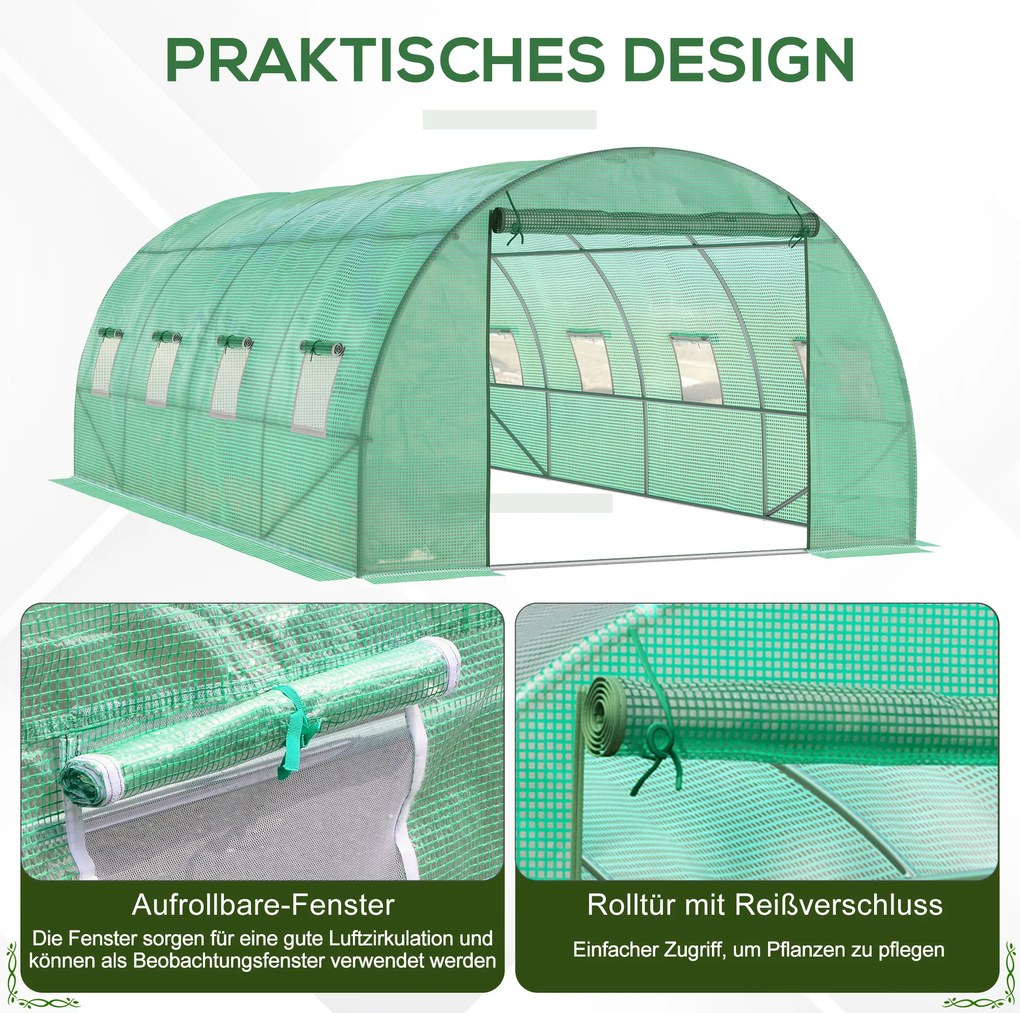 Fóliový skleník Outsunny o rozměrech cca 6 x 3 x 2 m s 8 okny, rolovacími dveřmi, rolovacími bočními stěnami, fóliovým tunelem odolným proti UV zářen…